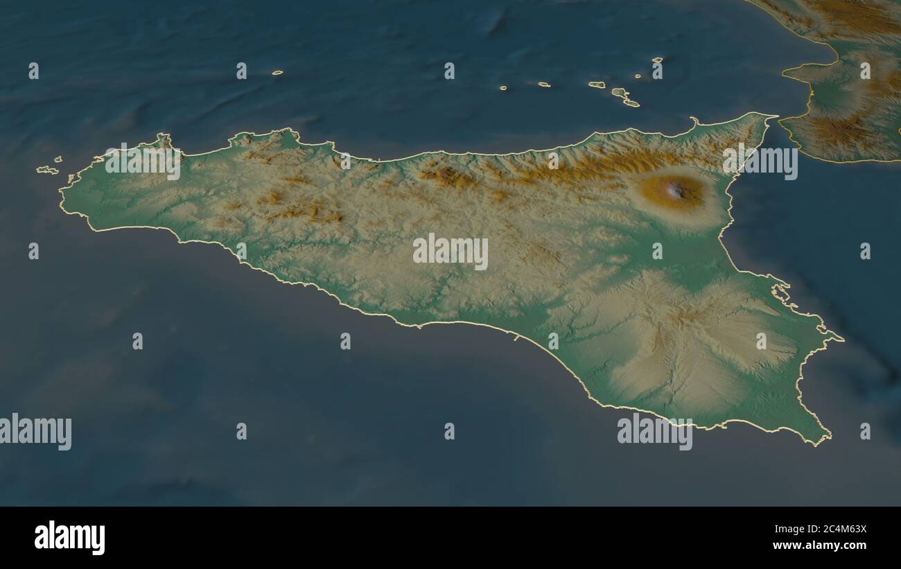 Zoom in on Sicily (autonomous region of Italy) outlined. Oblique ...