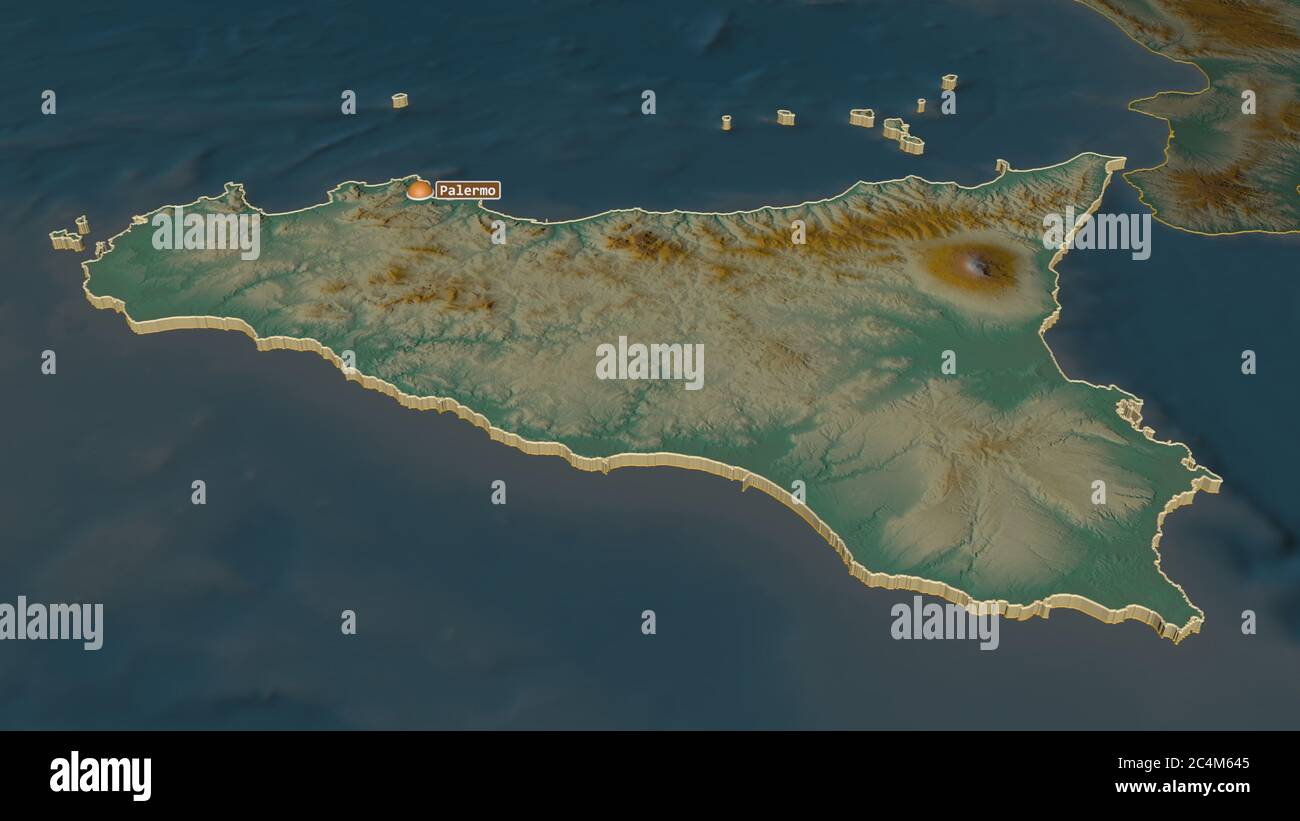 Zoom in on Sicily (autonomous region of Italy) extruded. Oblique ...