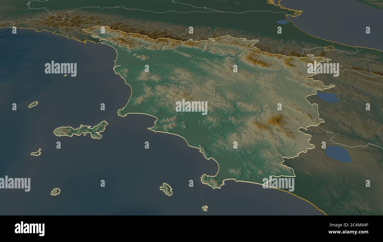Zoom in on Toscana (region of Italy) outlined. Oblique perspective ...