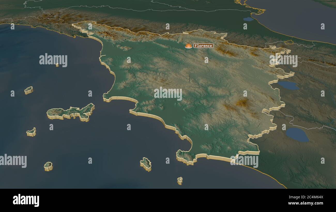 Zoom in on Toscana (region of Italy) extruded. Oblique perspective ...