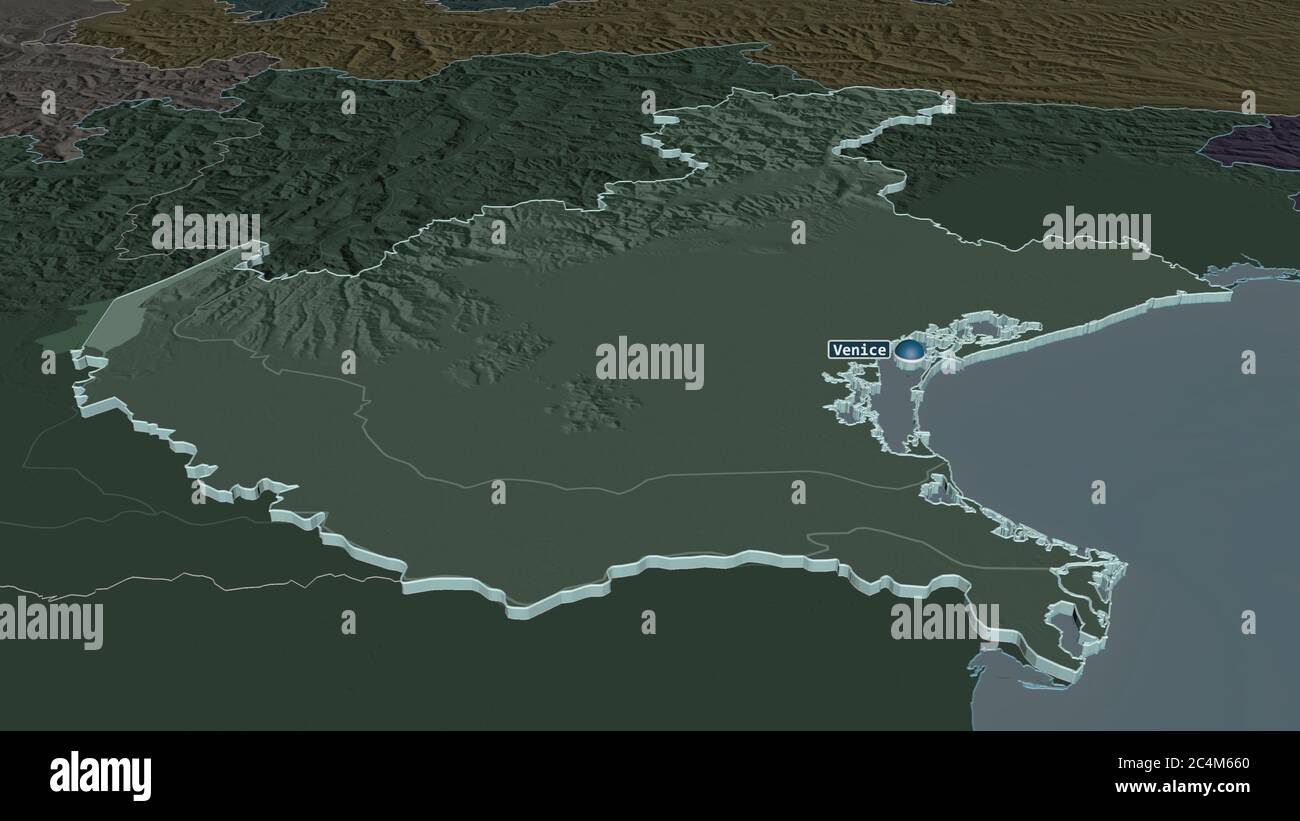 Zoom in on Veneto (region of Italy) extruded. Oblique perspective ...