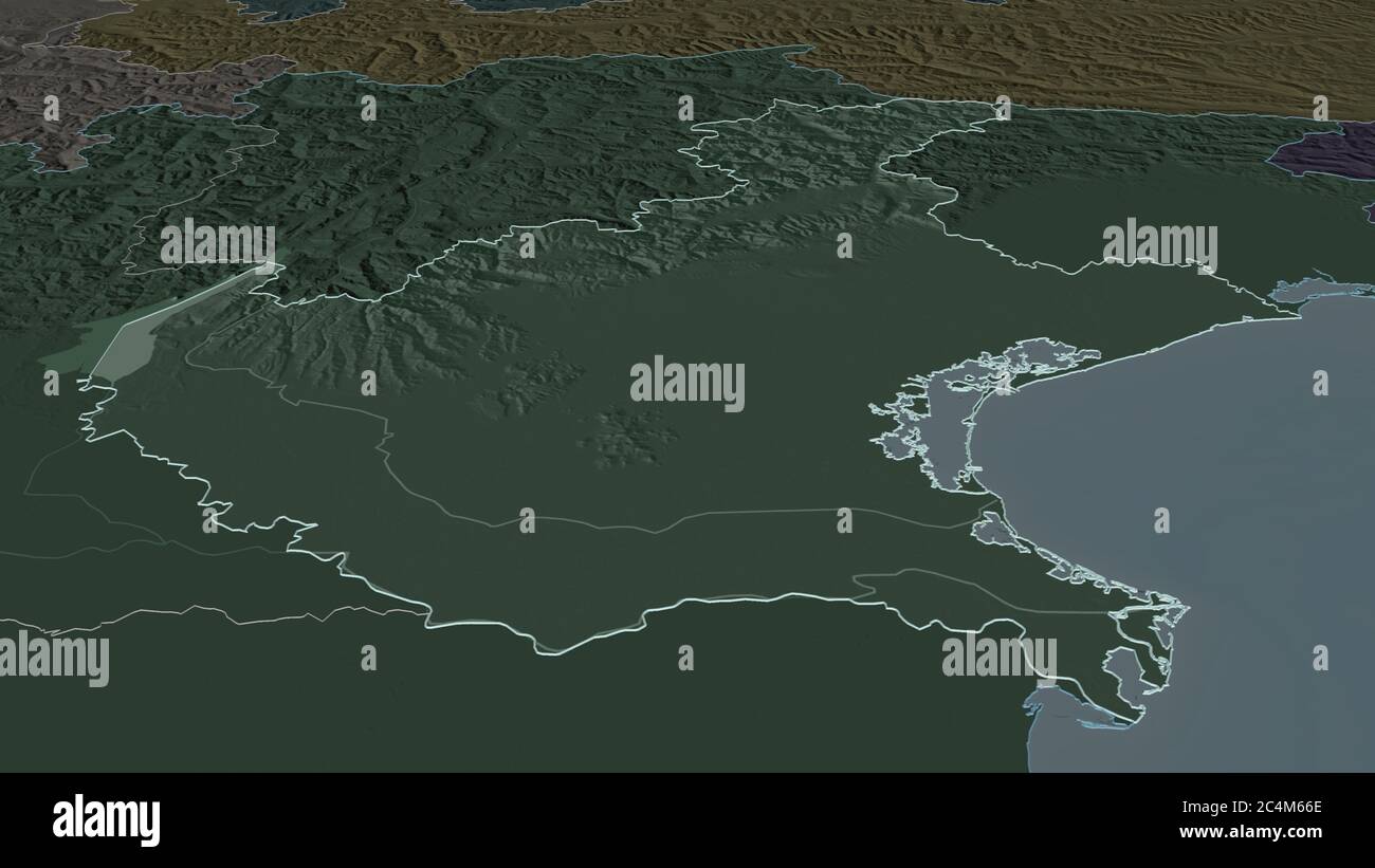 Zoom in on Veneto (region of Italy) outlined. Oblique perspective ...