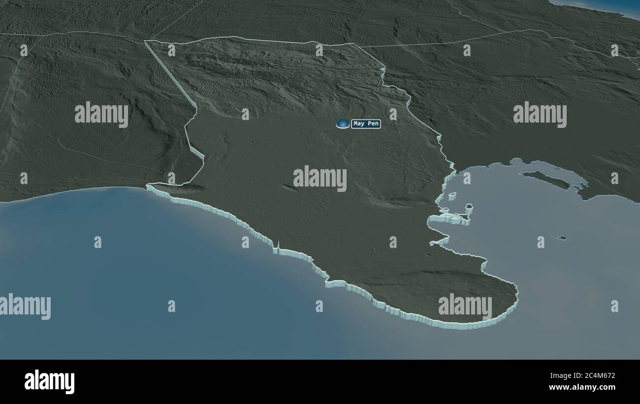Zoom in on Clarendon (parish of Jamaica) extruded. Oblique perspective ...