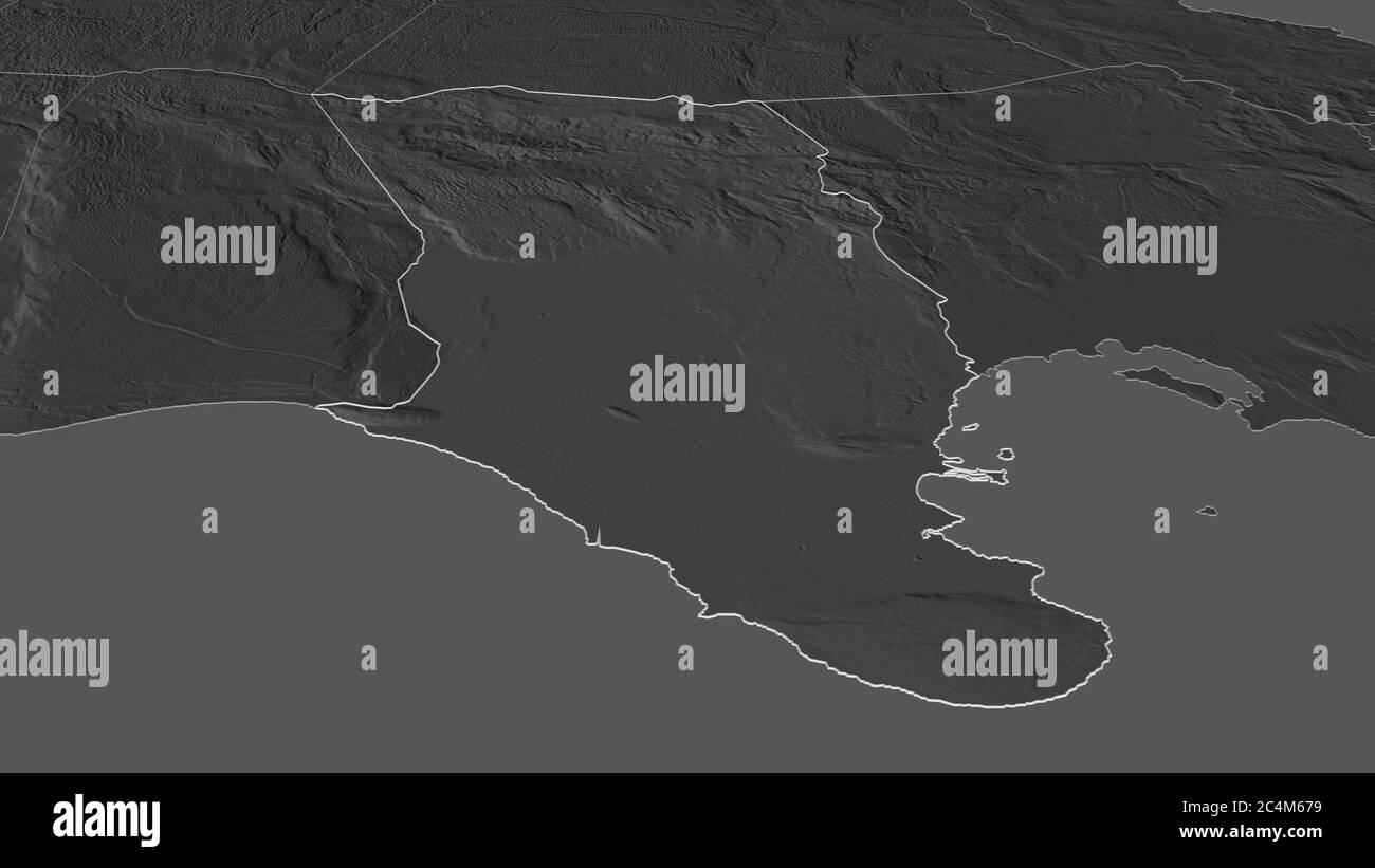 Zoom in on Clarendon (parish of Jamaica) outlined. Oblique perspective ...