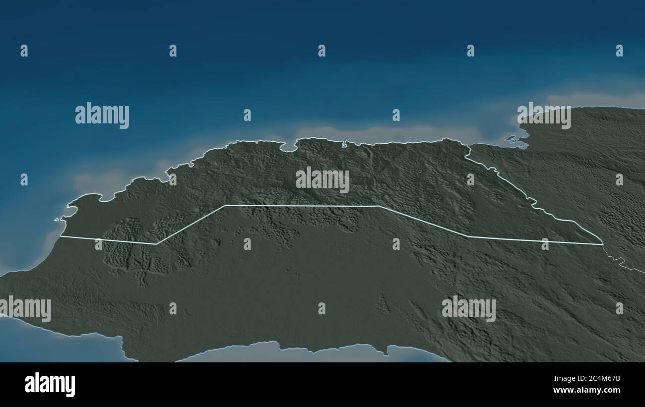Zoom in on Hanover (parish of Jamaica) outlined. Oblique perspective ...