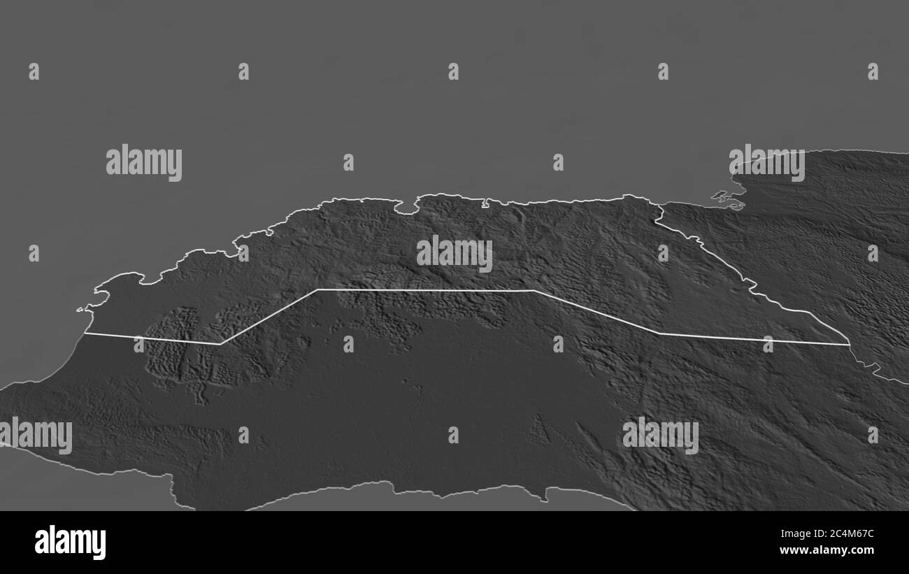 Zoom in on Hanover (parish of Jamaica) outlined. Oblique perspective ...