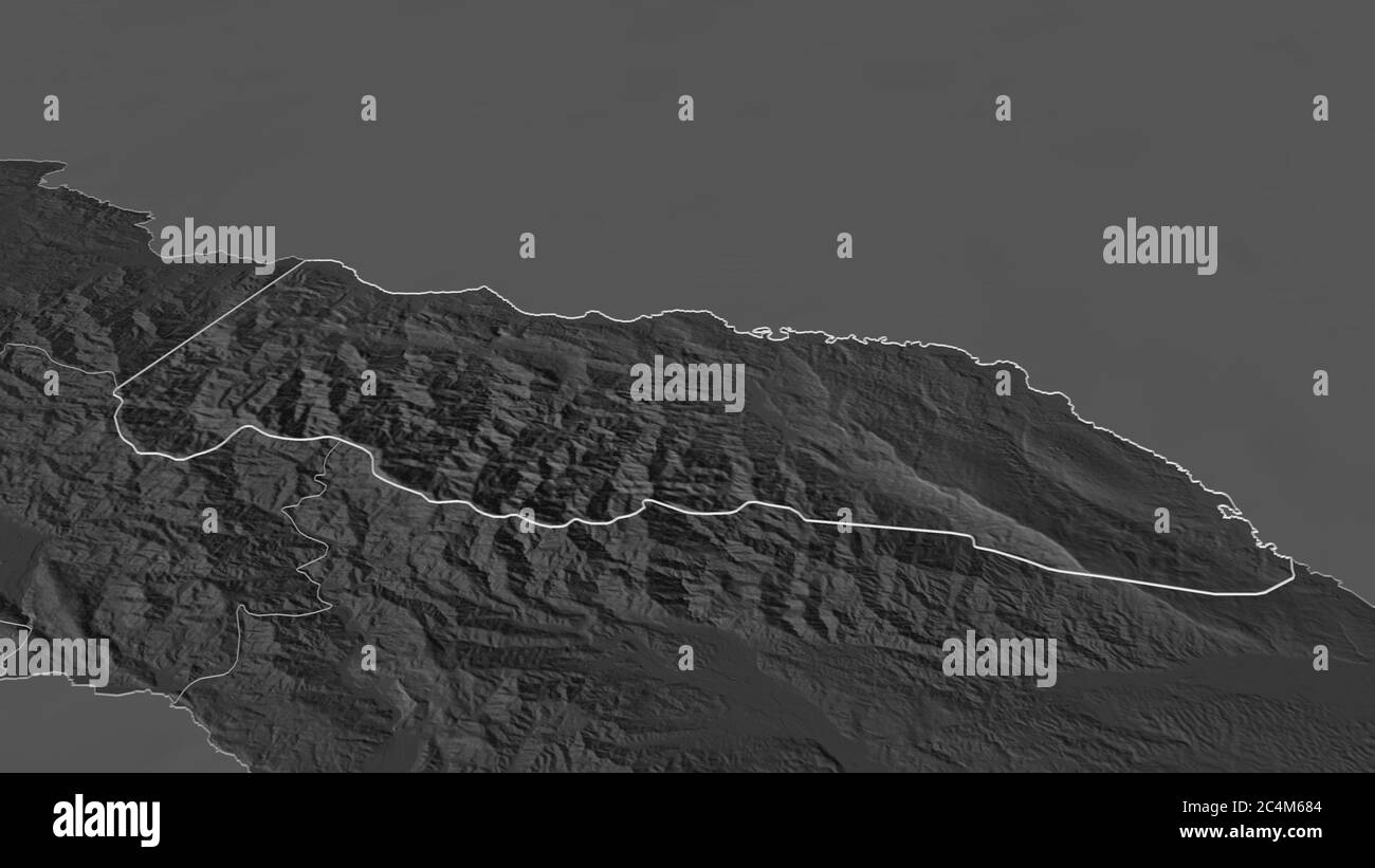 Zoom in on Portland (parish of Jamaica) outlined. Oblique perspective ...