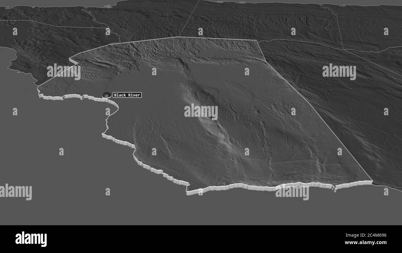 Zoom in on Saint Elizabeth (parish of Jamaica) extruded. Oblique ...