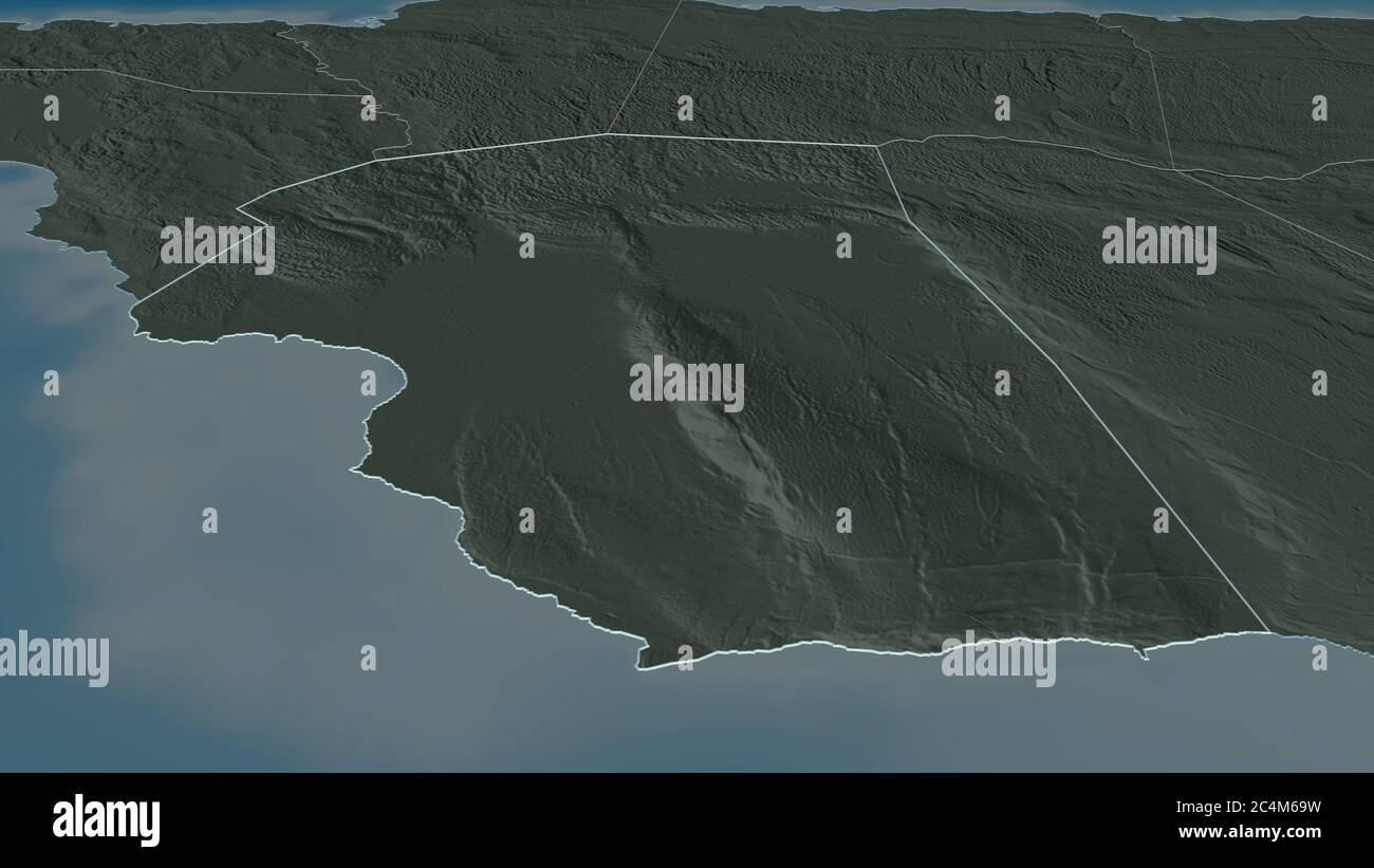 Zoom in on Saint Elizabeth (parish of Jamaica) outlined. Oblique ...