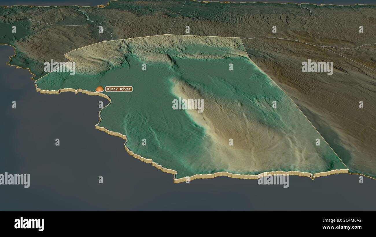 Zoom in on Saint Elizabeth (parish of Jamaica) extruded. Oblique ...