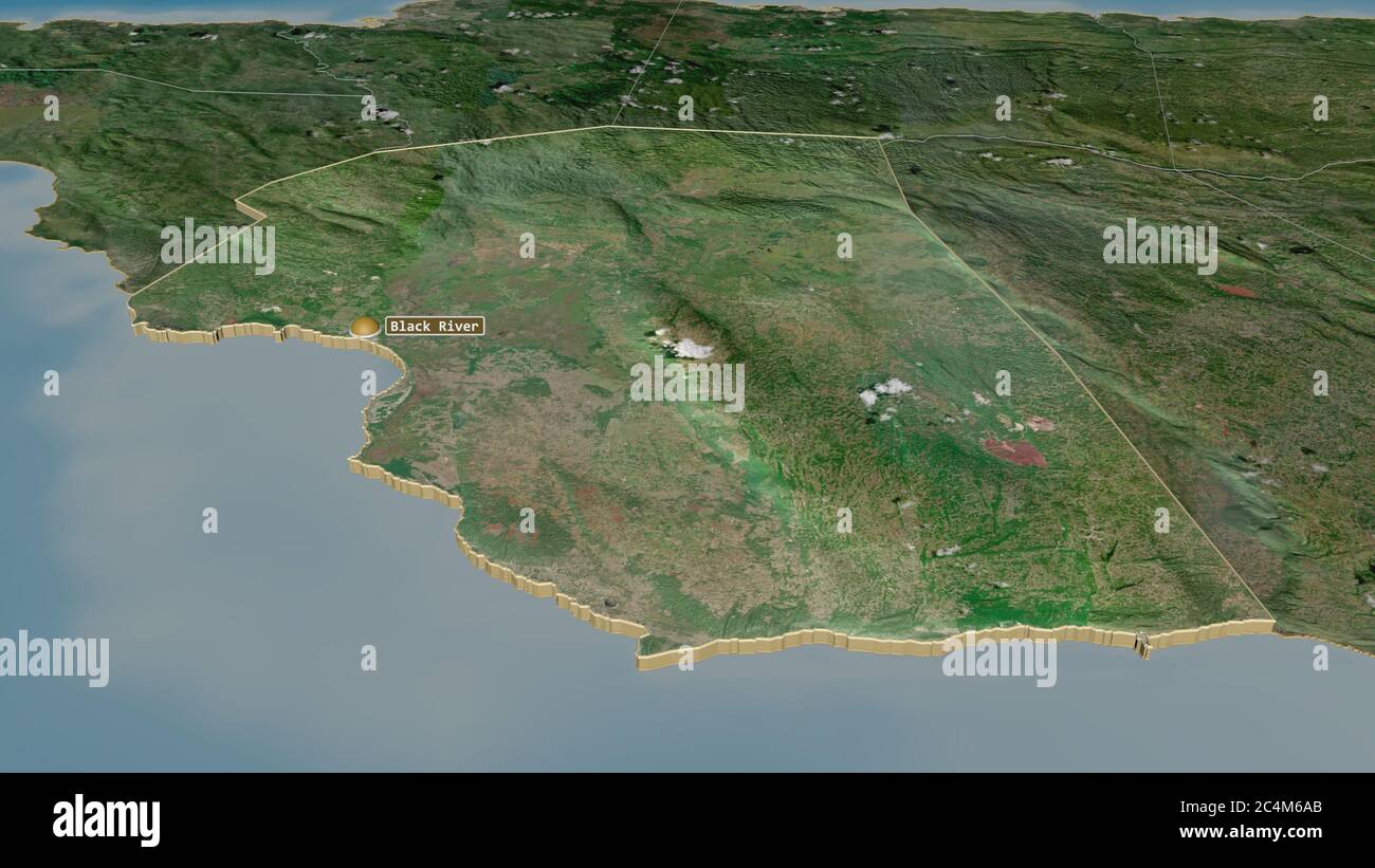 Zoom in on Saint Elizabeth (parish of Jamaica) extruded. Oblique ...