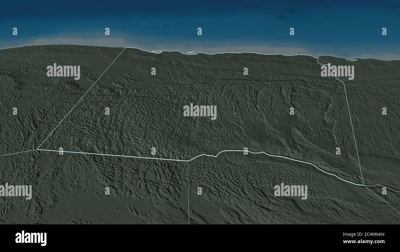Zoom in on Trelawny (parish of Jamaica) outlined. Oblique perspective ...