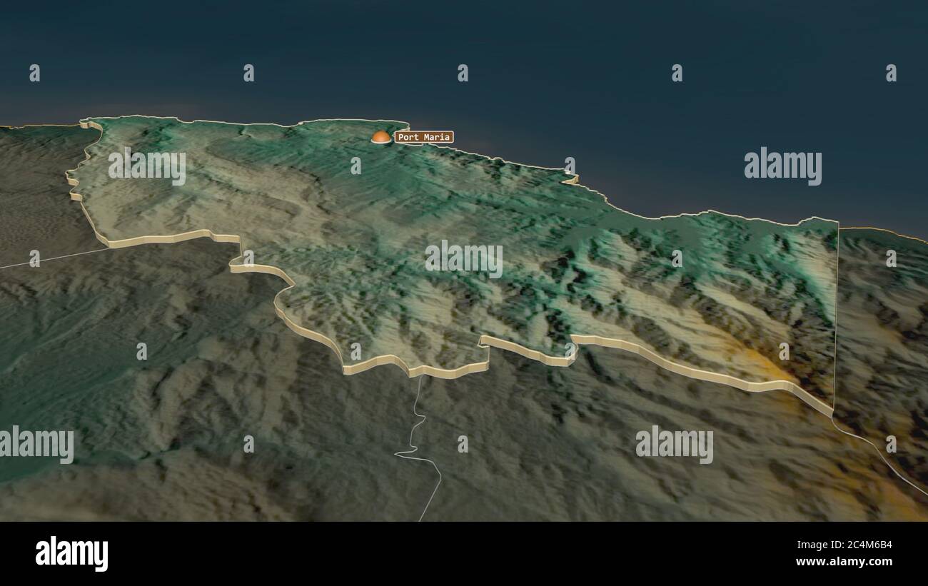 Zoom in on Saint Mary (parish of Jamaica) extruded. Oblique perspective ...