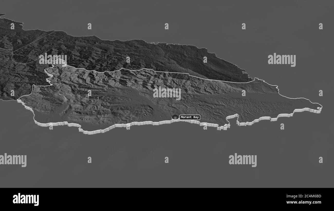 Zoom in on Saint Thomas (parish of Jamaica) extruded. Oblique ...