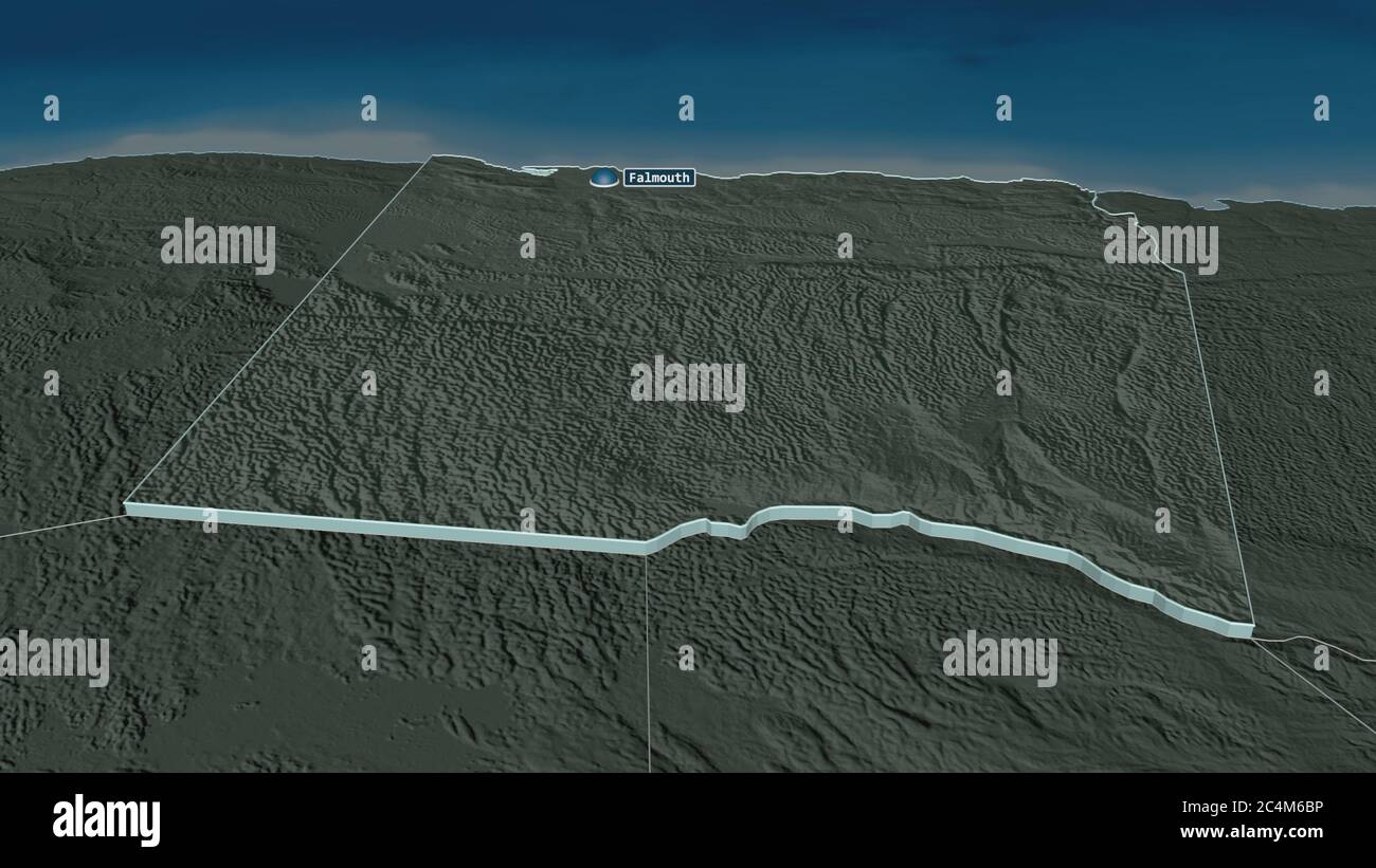 Zoom in on Trelawny (parish of Jamaica) extruded. Oblique perspective ...
