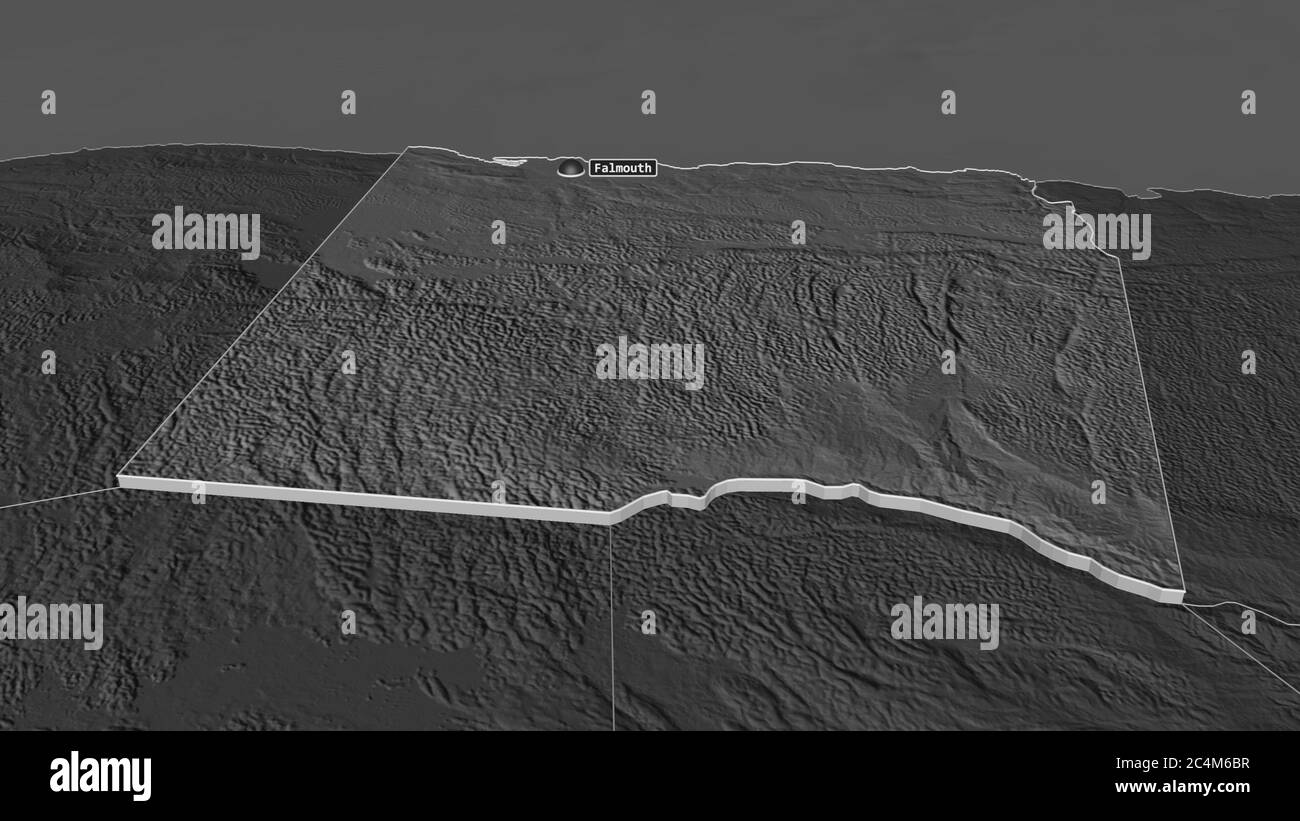 Zoom in on Trelawny (parish of Jamaica) extruded. Oblique perspective ...