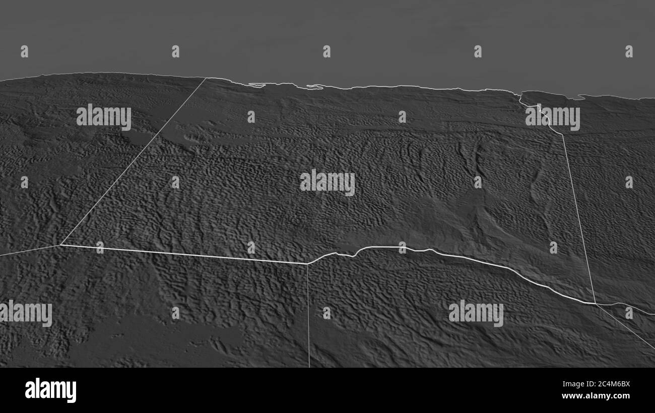 Zoom in on Trelawny (parish of Jamaica) outlined. Oblique perspective ...