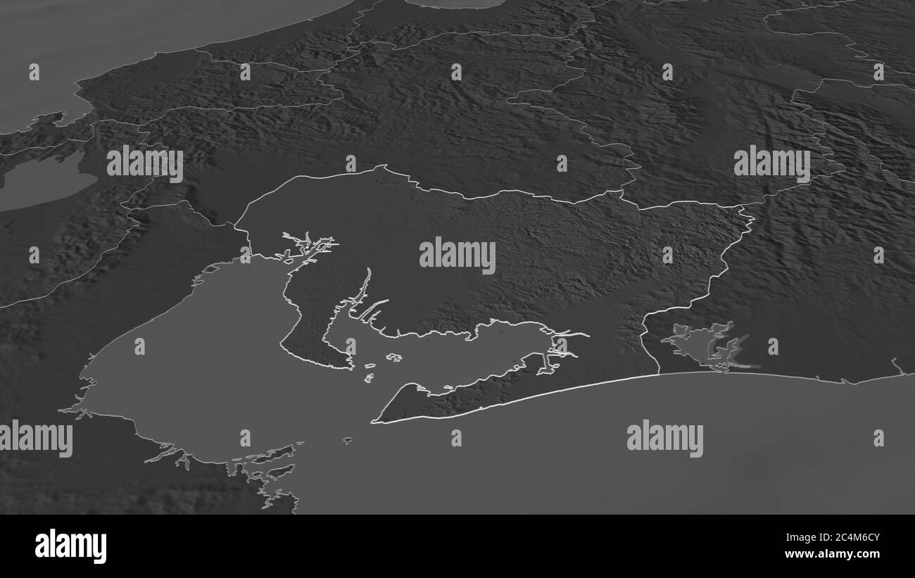 Zoom in on Aichi (prefecture of Japan) outlined. Oblique perspective ...