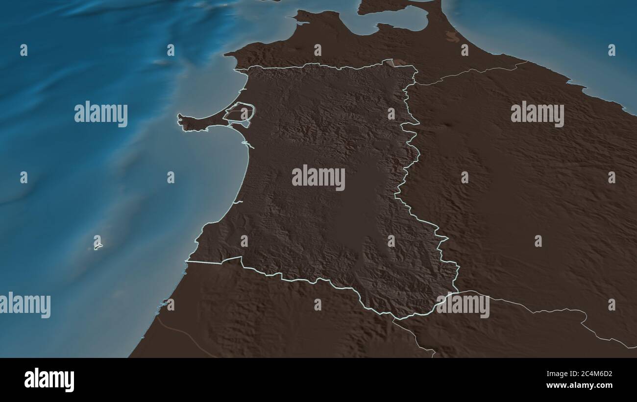 Zoom in on Akita (prefecture of Japan) outlined. Oblique perspective ...