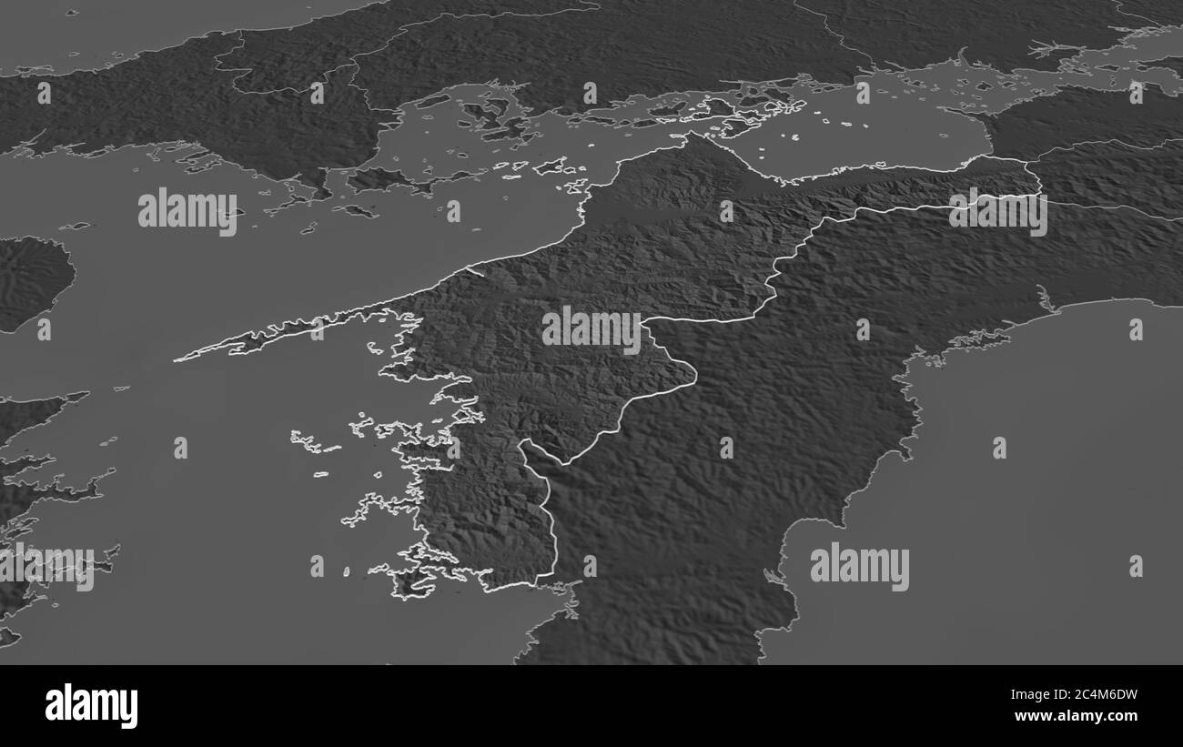 Zoom in on Ehime (prefecture of Japan) outlined. Oblique perspective ...