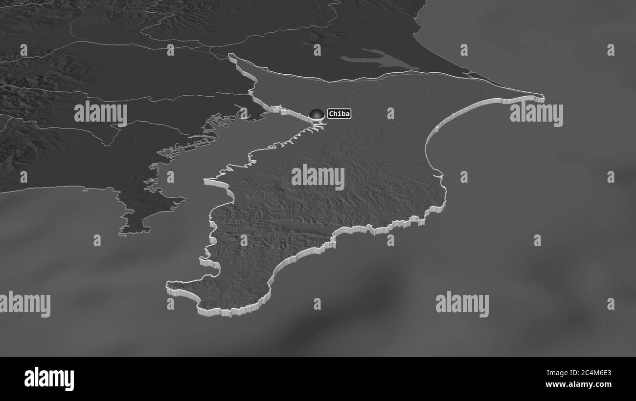 Zoom in on Chiba (prefecture of Japan) extruded. Oblique perspective ...