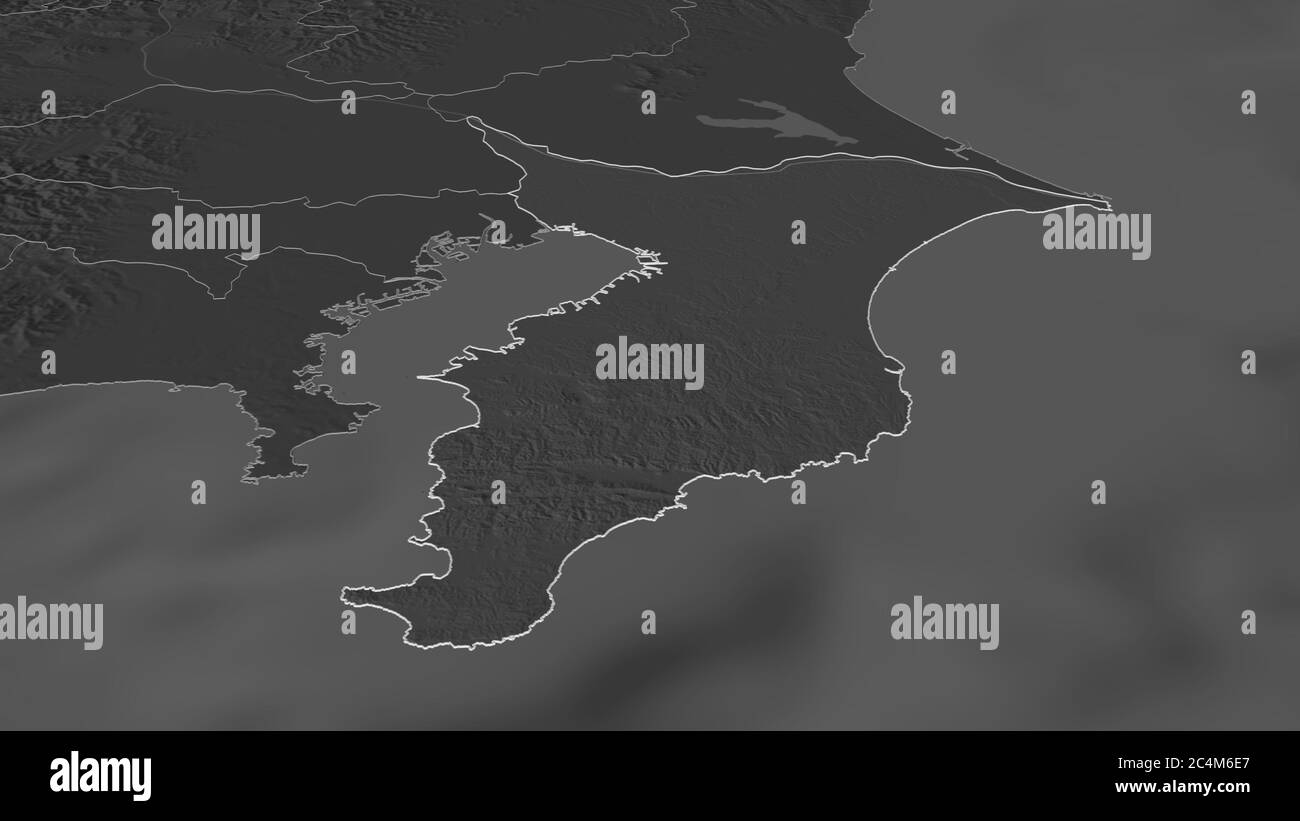 Zoom in on Chiba (prefecture of Japan) outlined. Oblique perspective ...