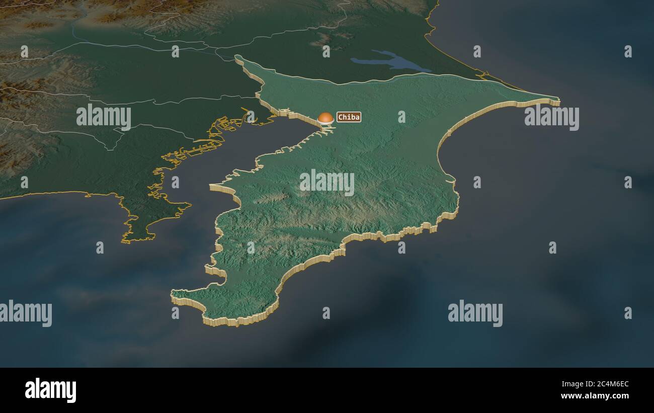 Zoom in on Chiba (prefecture of Japan) extruded. Oblique perspective ...