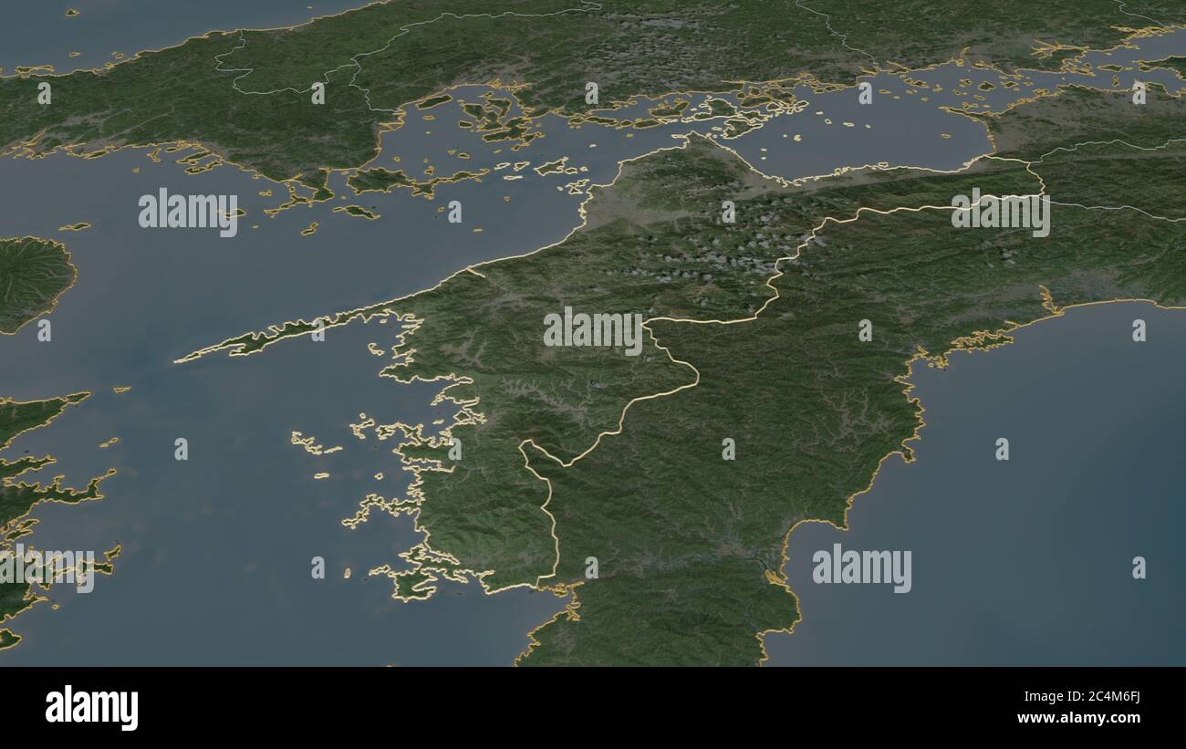 Zoom in on Ehime (prefecture of Japan) outlined. Oblique perspective ...