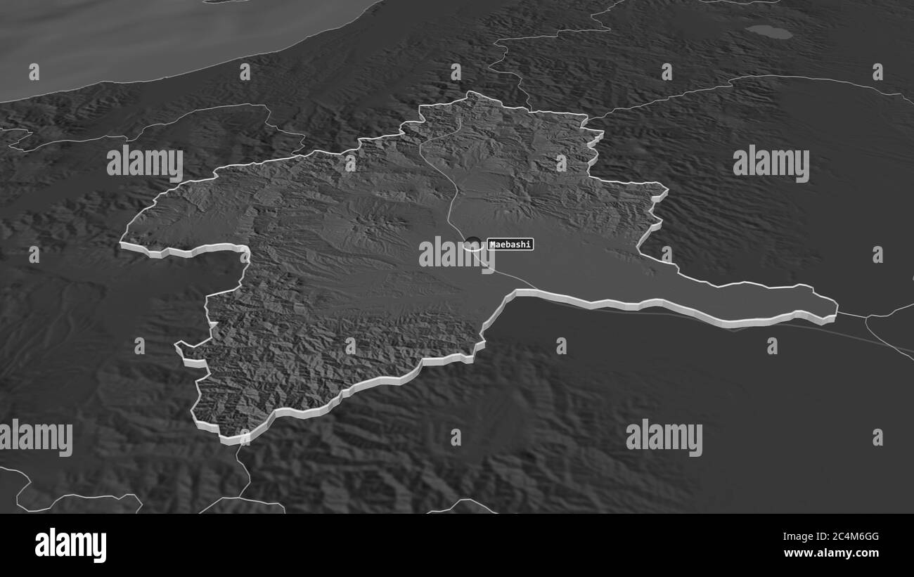 Zoom in on Gunma (prefecture of Japan) extruded. Oblique perspective ...