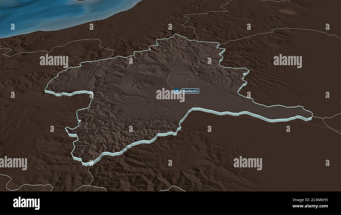 Zoom in on Gunma (prefecture of Japan) extruded. Oblique perspective ...