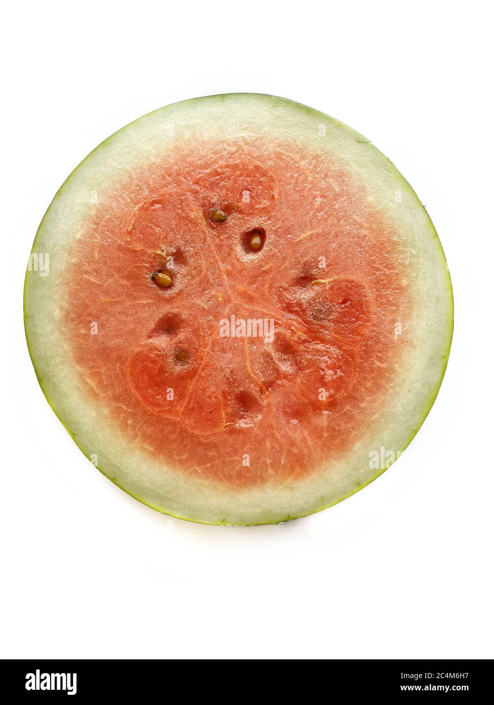 Closuep shot of a round watermelon slice isolated on a white background ...