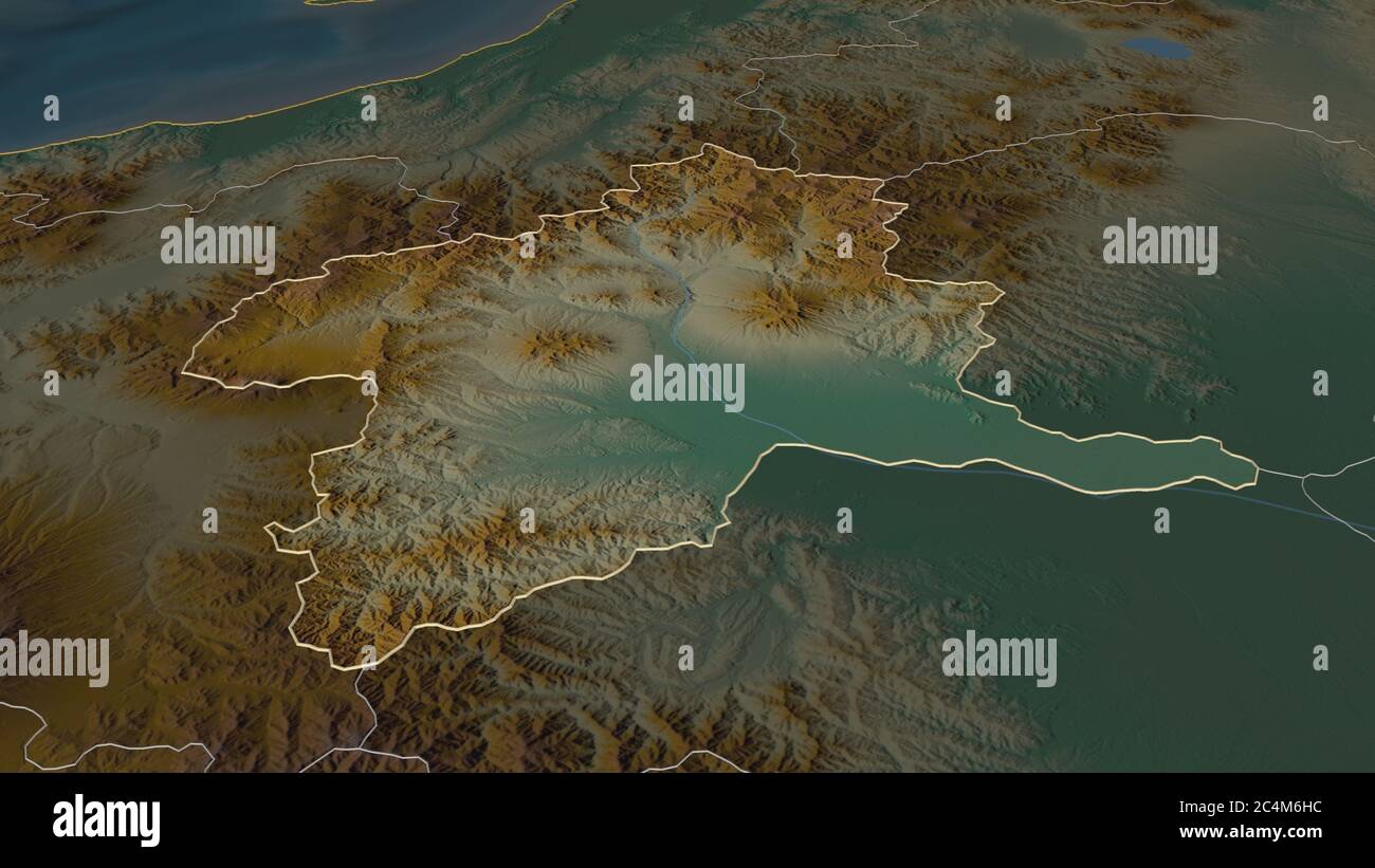 Zoom in on Gunma (prefecture of Japan) outlined. Oblique perspective ...