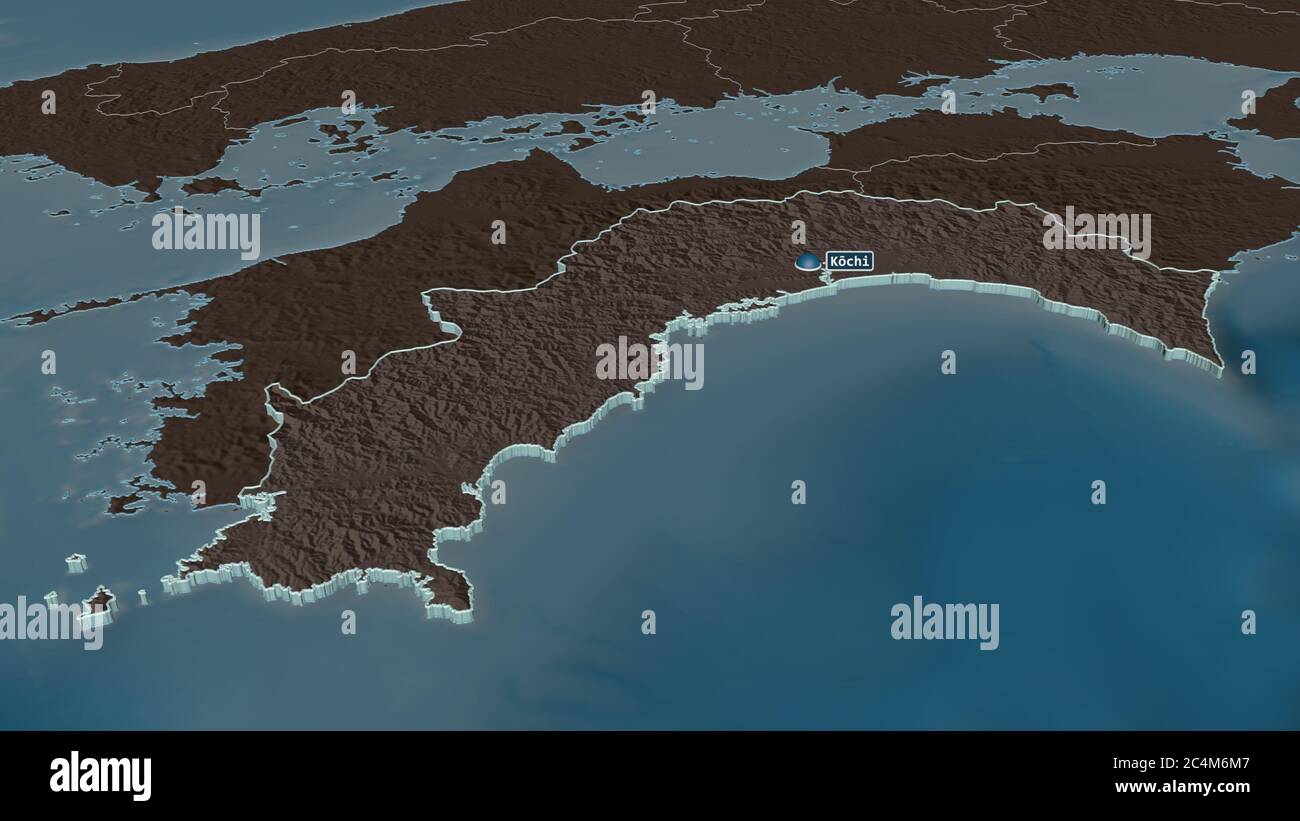 Zoom in on Kochi (prefecture of Japan) extruded. Oblique perspective ...