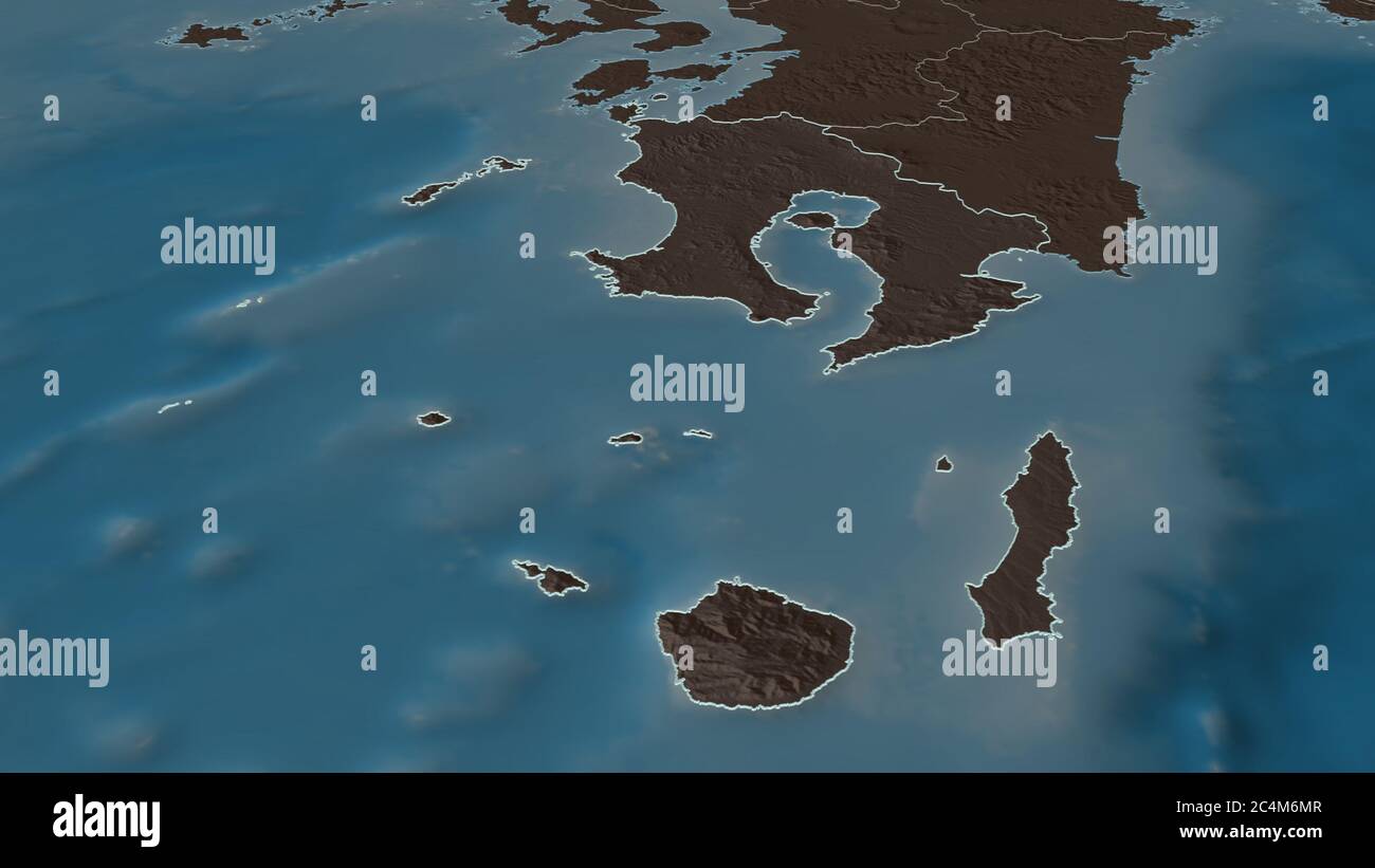 Zoom in on Kagoshima (prefecture of Japan) outlined. Oblique ...