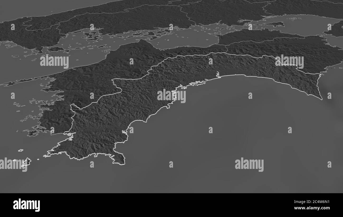 Zoom in on Kochi (prefecture of Japan) outlined. Oblique perspective ...