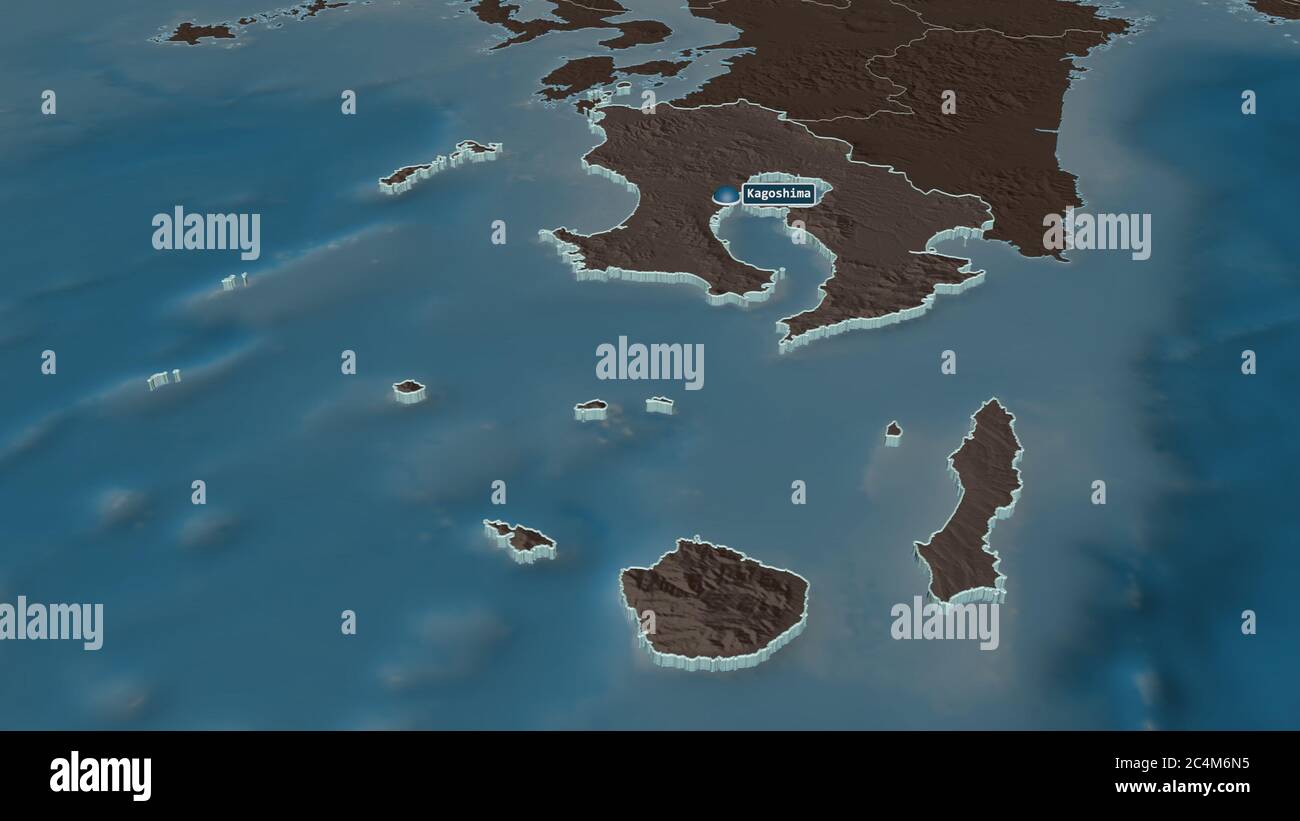 Zoom in on Kagoshima (prefecture of Japan) extruded. Oblique ...