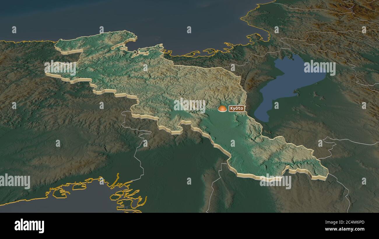 Zoom in on Kyoto (urban prefecture of Japan) extruded. Oblique ...