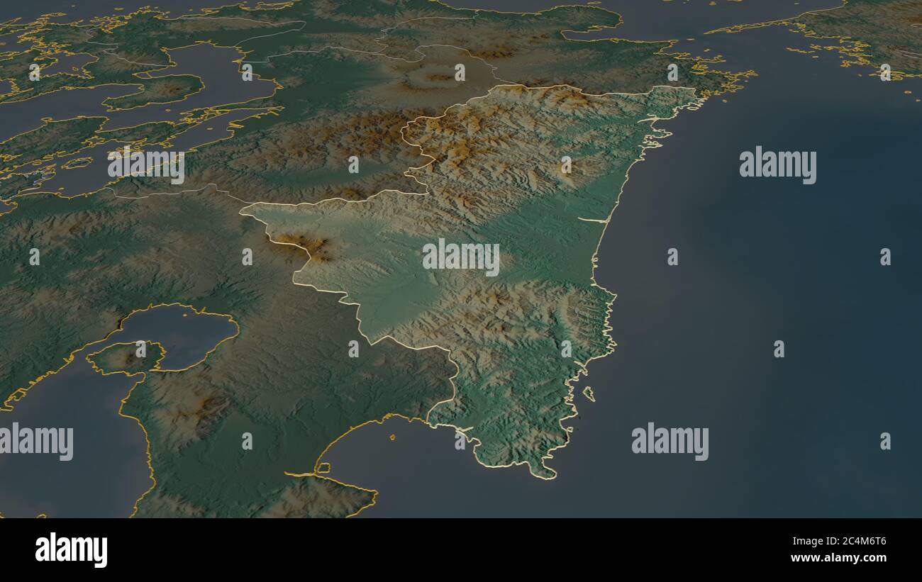 Zoom in on Miyazaki (prefecture of Japan) outlined. Oblique perspective ...