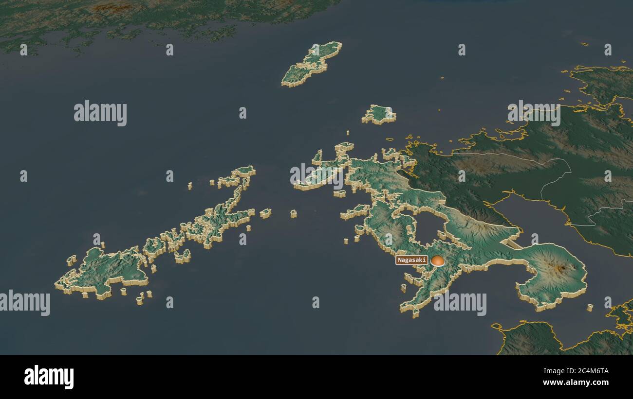 Zoom in on Nagasaki (prefecture of Japan) extruded. Oblique perspective ...