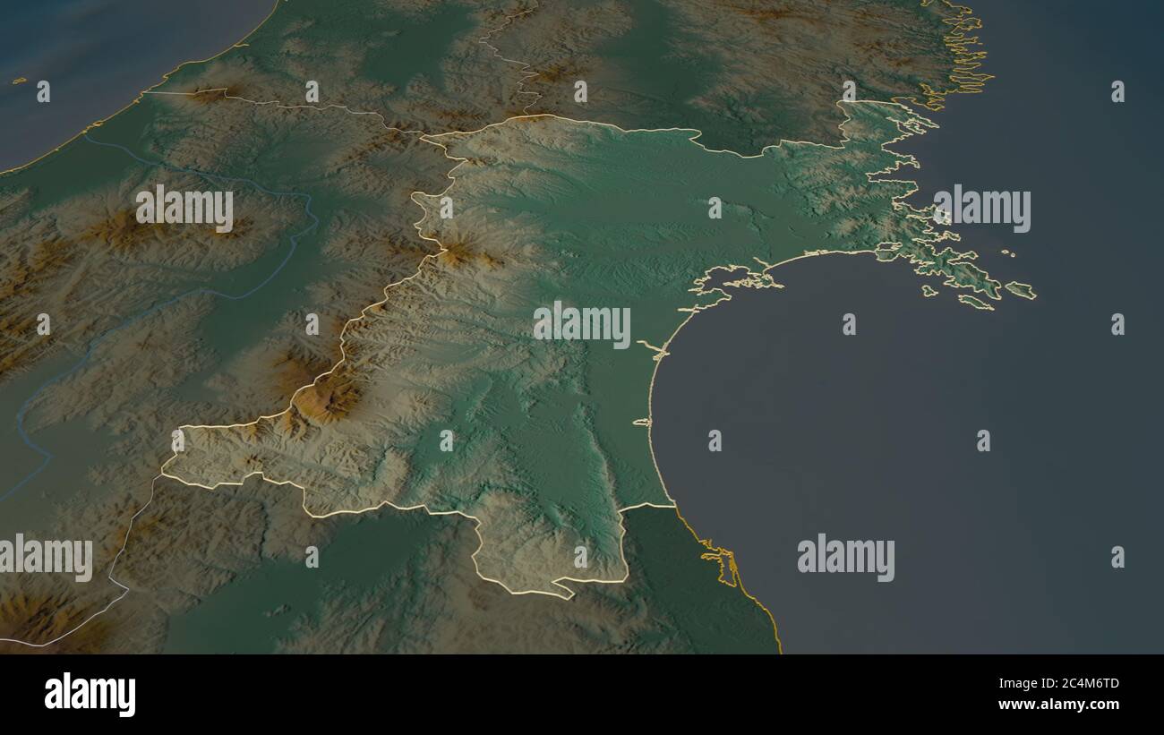 Zoom in on Miyagi (prefecture of Japan) outlined. Oblique perspective ...