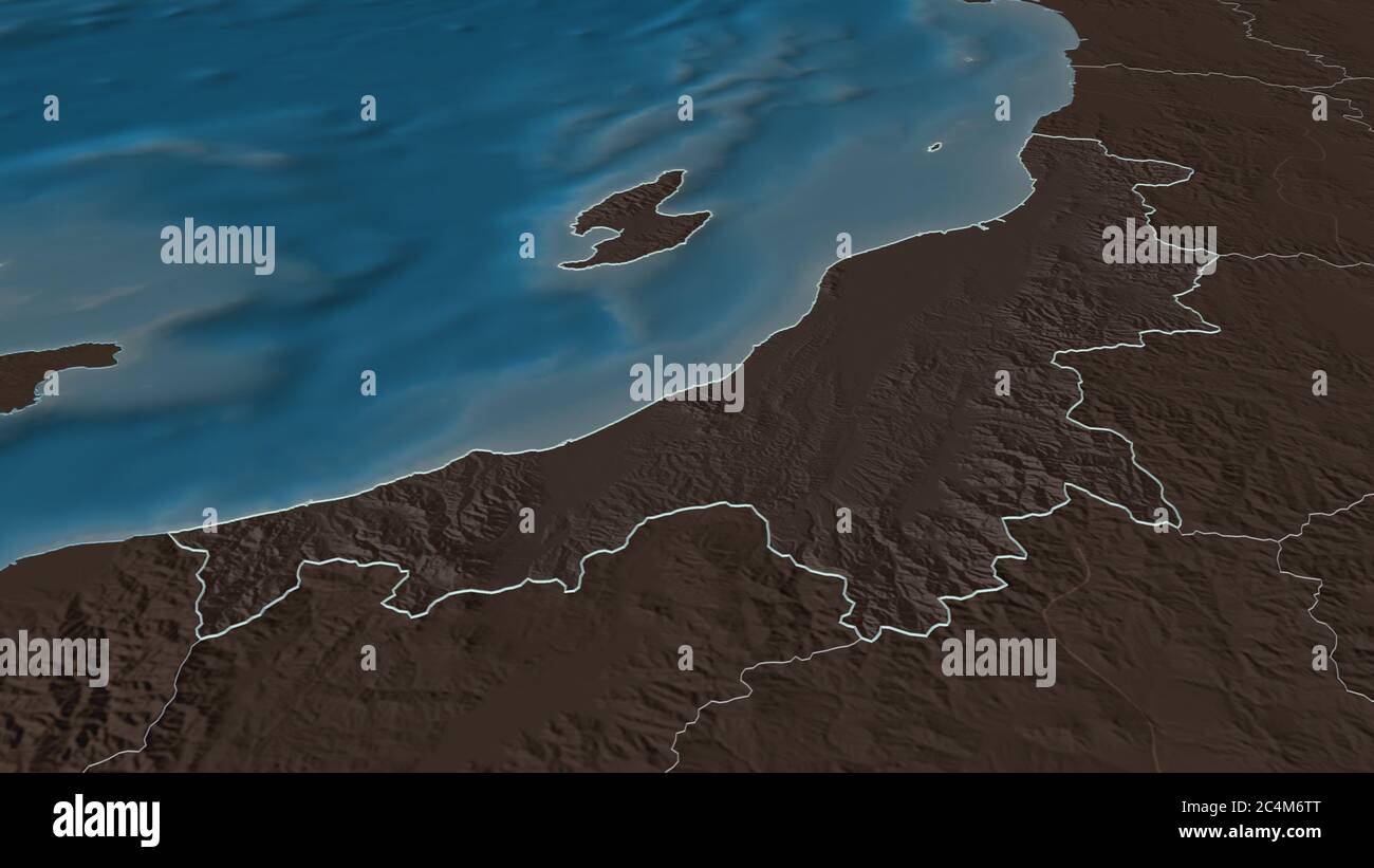 Zoom in on Niigata (prefecture of Japan) outlined. Oblique perspective ...