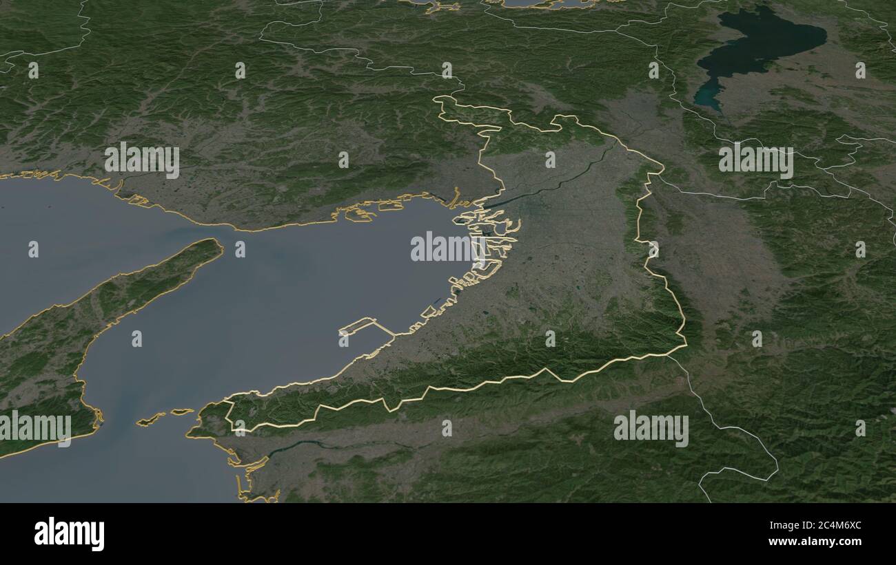 Zoom in on Osaka (urban prefecture of Japan) outlined. Oblique ...