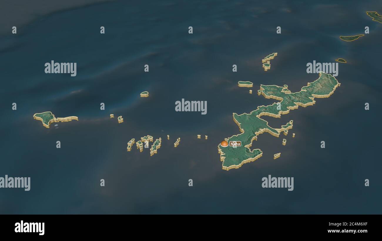 Zoom in on Okinawa (prefecture of Japan) extruded. Oblique perspective ...
