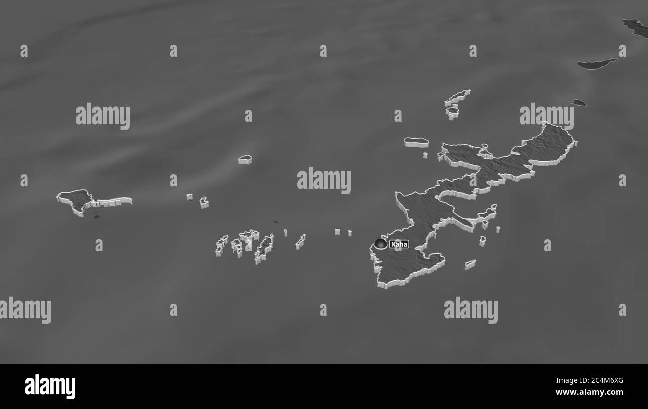 Zoom in on Okinawa (prefecture of Japan) extruded. Oblique perspective ...