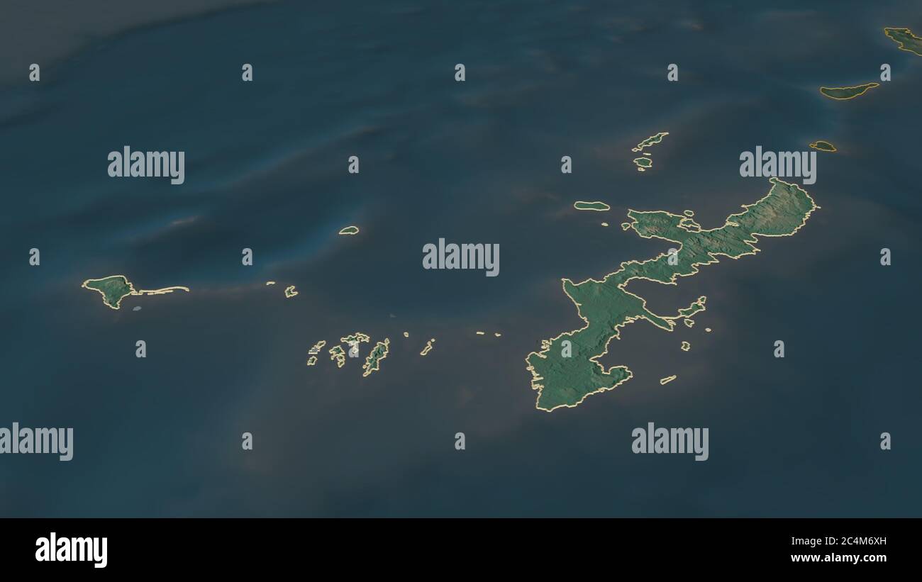 Zoom in on Okinawa (prefecture of Japan) outlined. Oblique perspective ...