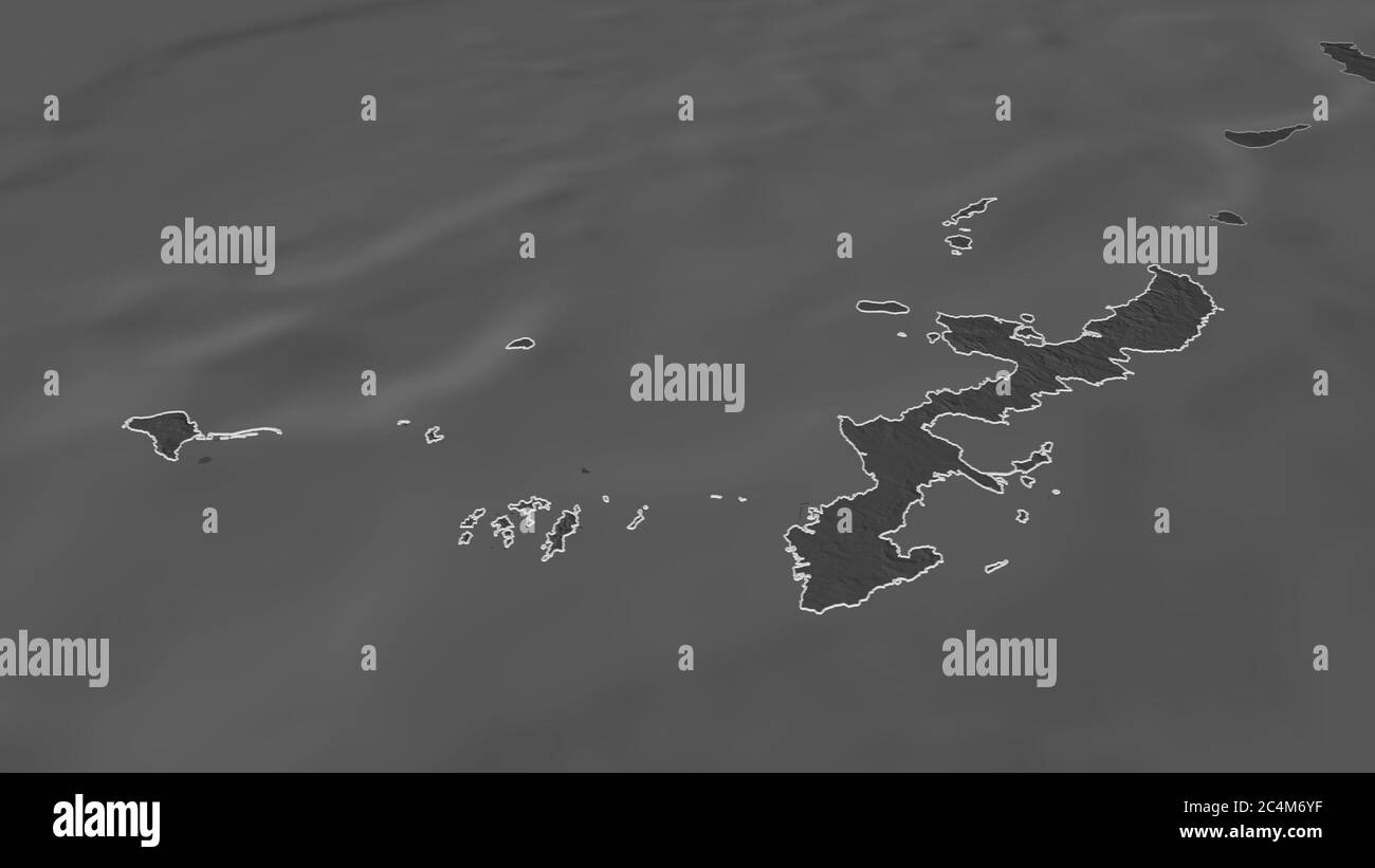 Zoom in on Okinawa (prefecture of Japan) outlined. Oblique perspective ...