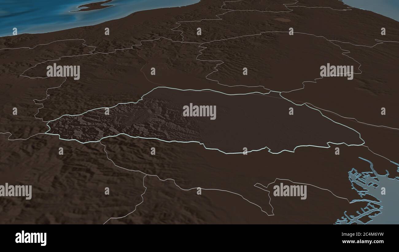 Zoom in on Saitama (prefecture of Japan) outlined. Oblique perspective ...