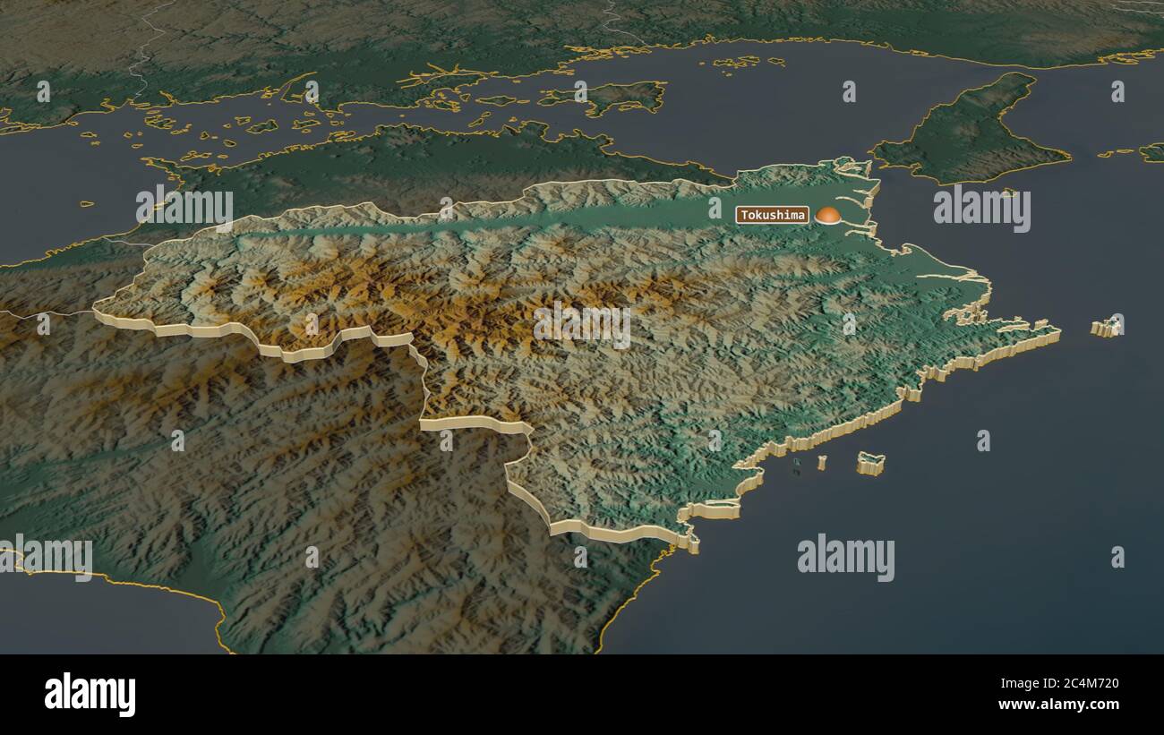 Zoom in on Tokushima (prefecture of Japan) extruded. Oblique ...