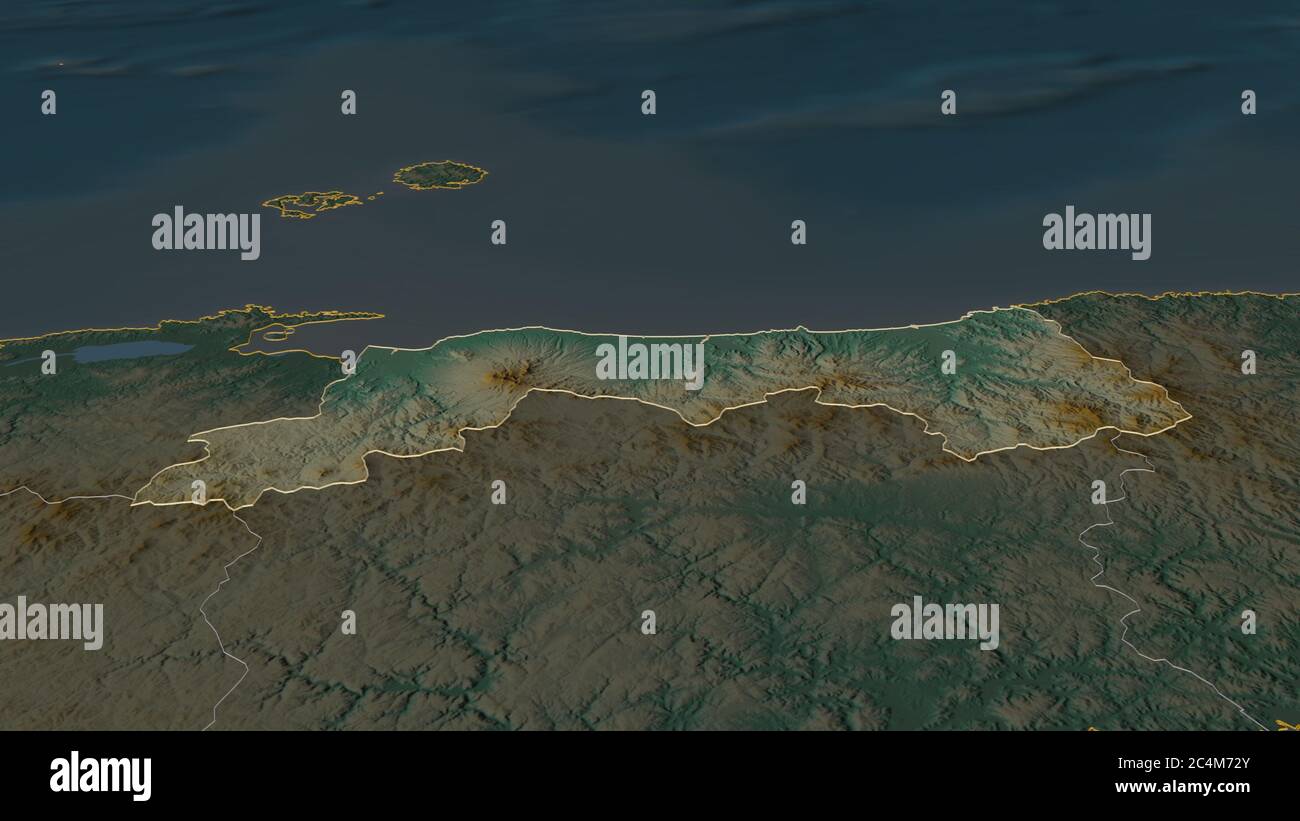 Zoom in on Tottori (prefecture of Japan) outlined. Oblique perspective ...