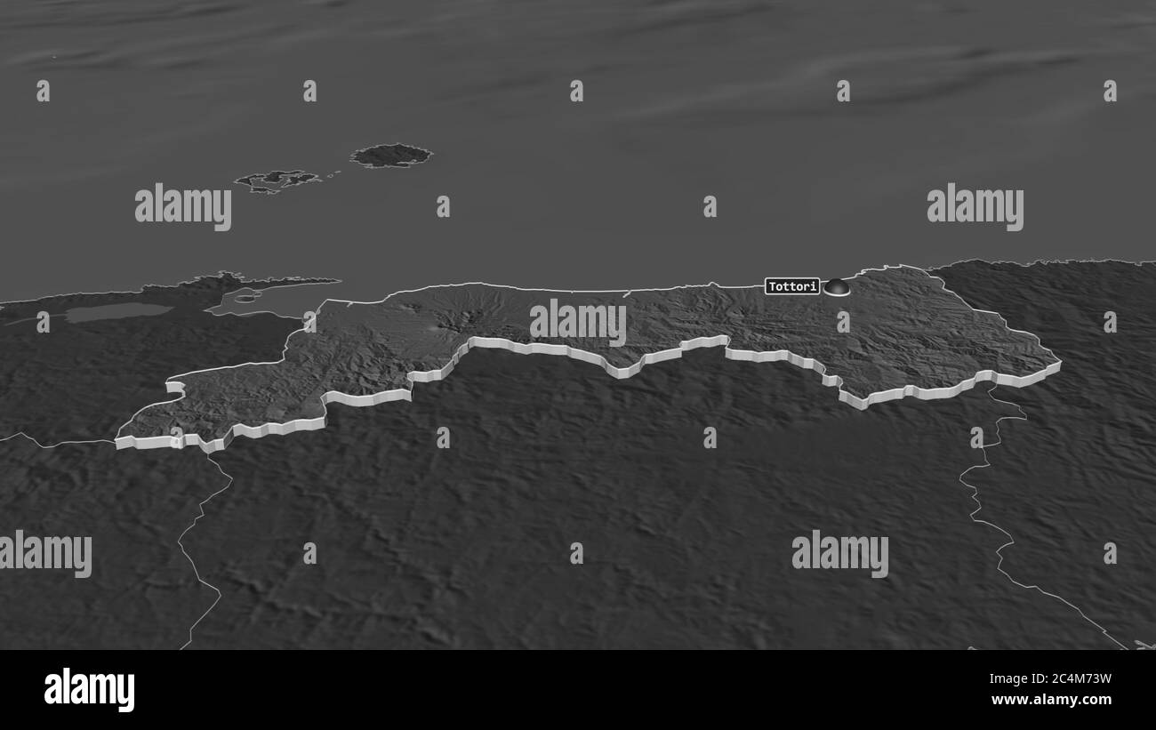 Zoom in on Tottori (prefecture of Japan) extruded. Oblique perspective ...